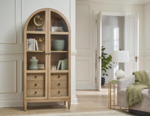 martin furniture modern wood arched display cabinet/bookcase, office shelving, storage cabinet, fully assembled, light brown