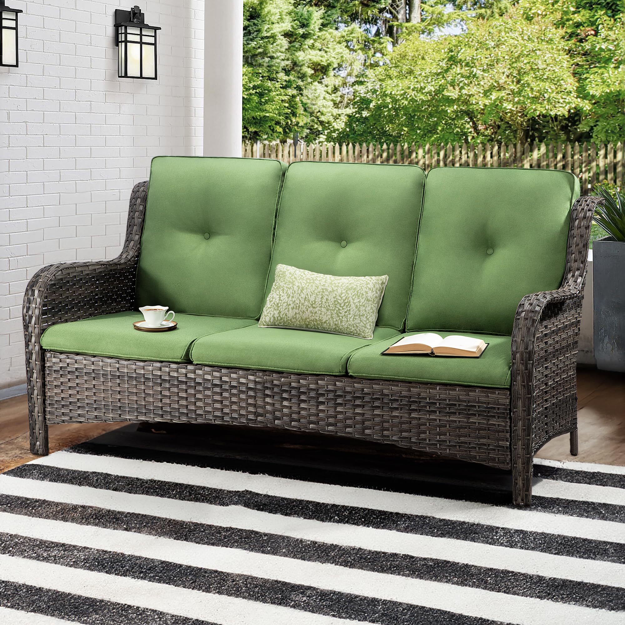 MeetLeisure Outdoor Patio Couch Wicker Sofa - 3 Seater Rattan Sofa for Outside Patio Garden with Deep Seating and Olefin Cushions(Mixed Grey/Green)