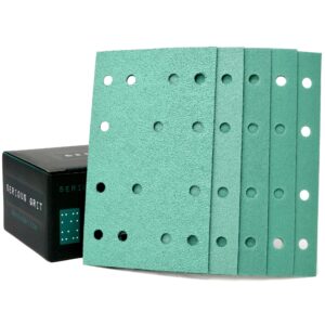 serious grit - 3" x 5" (80mm x 133mm) 14-hole sanding sheet assortment - 80, 120, 150, 180, 220 grit (10 of each) - fits festool rts 400 & mirka deos 353 - hook & loop sandpaper - 50 pack box