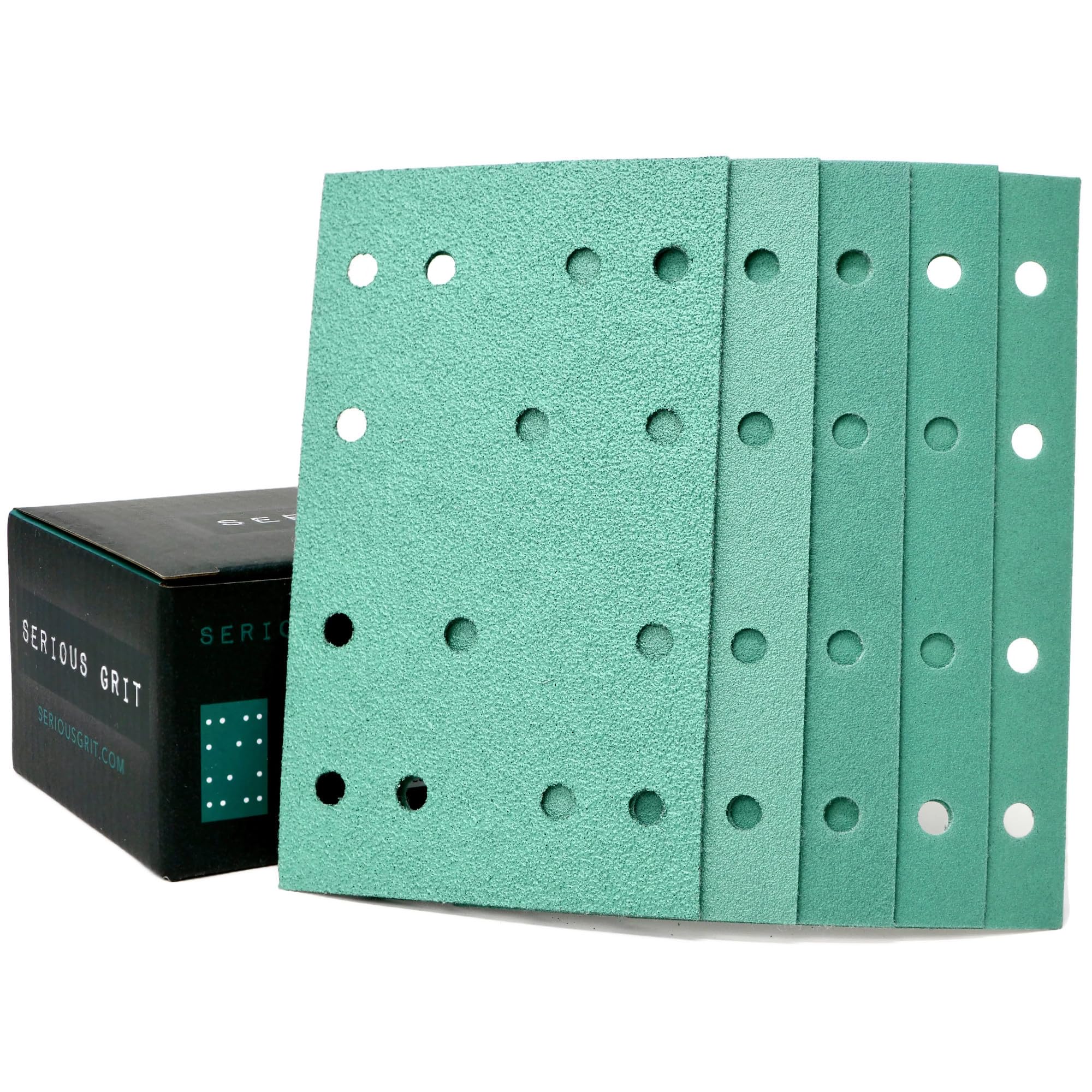 Serious Grit - 3" x 5" (80mm x 133mm) 14-Hole Sanding Sheet Assortment - 80, 120, 150, 180, 220 Grit (10 of Each) - Fits Festool RTS 400 & Mirka Deos 353 - Hook & Loop Sandpaper - 50 Pack Box