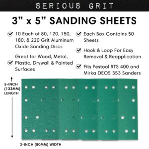 Serious Grit - 3" x 5" (80mm x 133mm) 14-Hole Sanding Sheet Assortment - 80, 120, 150, 180, 220 Grit (10 of Each) - Fits Festool RTS 400 & Mirka Deos 353 - Hook & Loop Sandpaper - 50 Pack Box