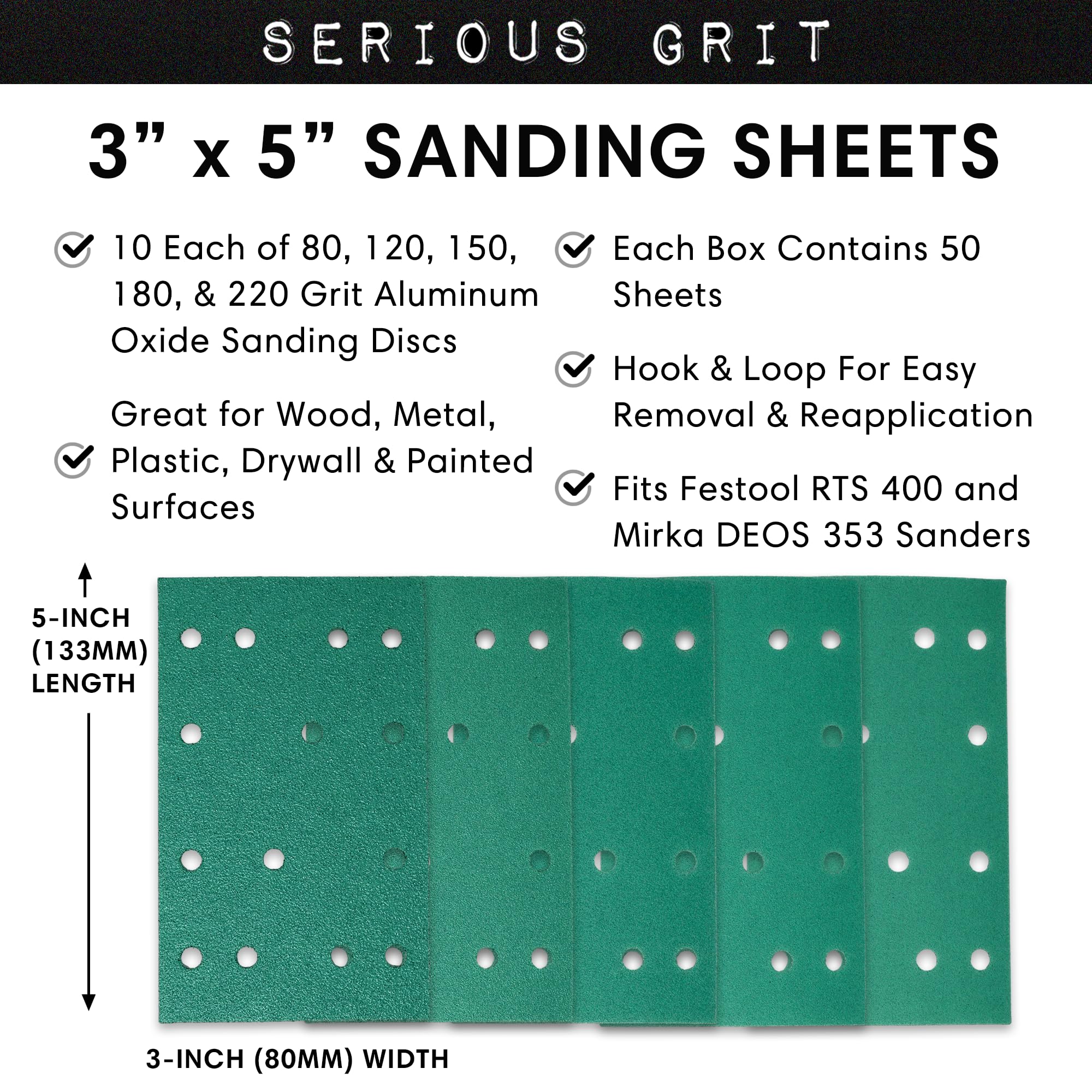 Serious Grit - 3" x 5" (80mm x 133mm) 14-Hole Sanding Sheet Assortment - 80, 120, 150, 180, 220 Grit (10 of Each) - Fits Festool RTS 400 & Mirka Deos 353 - Hook & Loop Sandpaper - 50 Pack Box