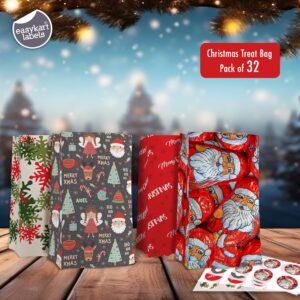 easykart labels Christmas Treat Bags, 32 Pcs Christmas Paper Bags, 32 Pcs Christmas Stickers, Christmas Goodie Bag Party Supplies for Classrooms, Party Favors, Kraft Holiday Goody