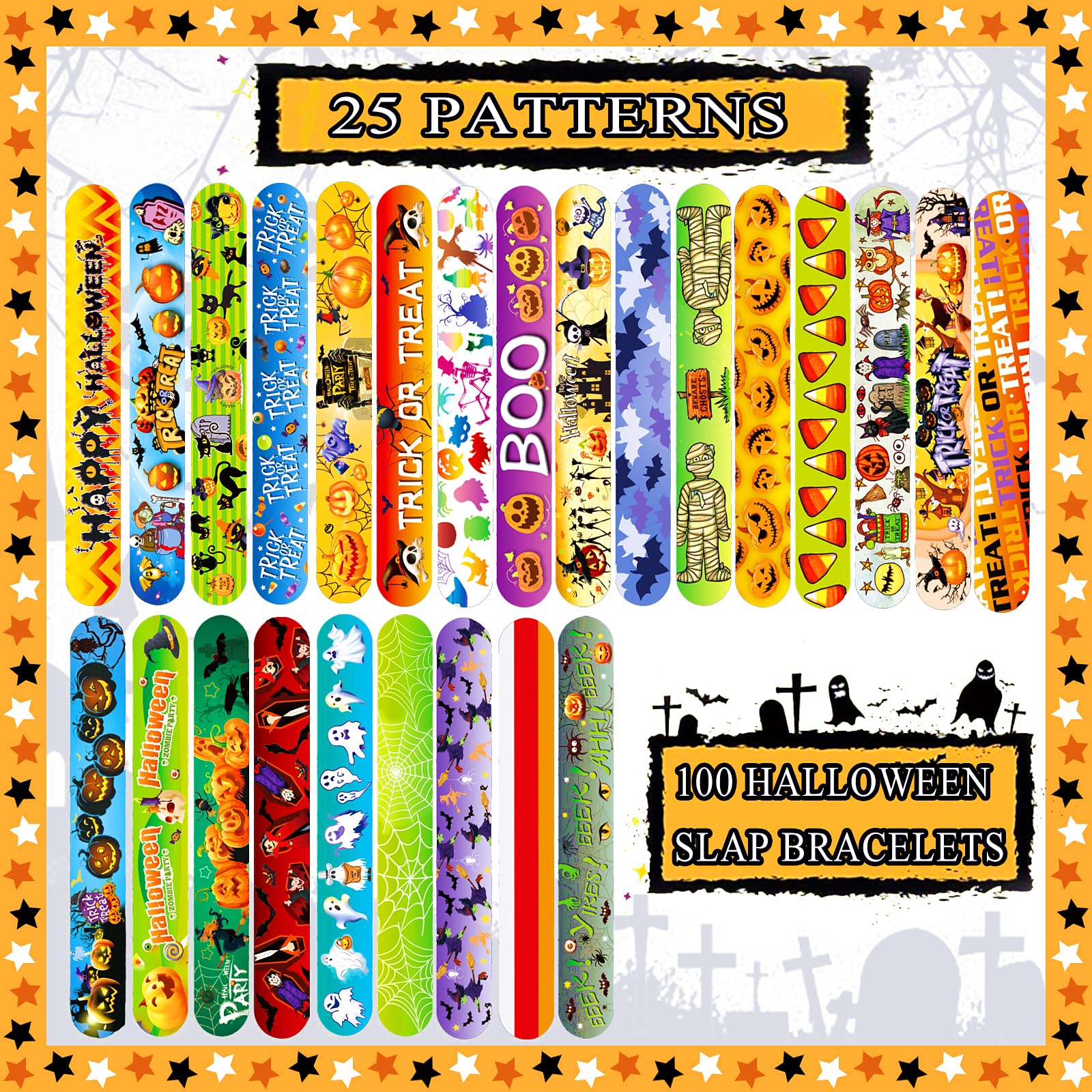 Halloween Slap Bracelets for Kids, 100 Halloween Bracelet Toys Bulk For Kids Girls Boys, Trick or Treat Party Favors, Exchanging Gifts, Classroom Prizes, Halloween Party Gift Treat Bag Filler Supply