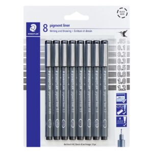 staedtler pigment liner pack, black, 8 pens, assorted line widths, 0.05mm, 0.1mm, 0.2mm, 0.3mm, 0.5mm, 0.8mm, 1.0mm, 1.2mm