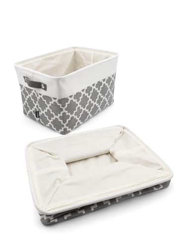 HYGGE + Linen Storage Bin Basket 15.8" x 12.5" x 10" Durable fabric & lightweight design. Great for storing toys, books, linens, games, clothing, baby products & more! (WHITE/QTF GREY, 2 PACK)