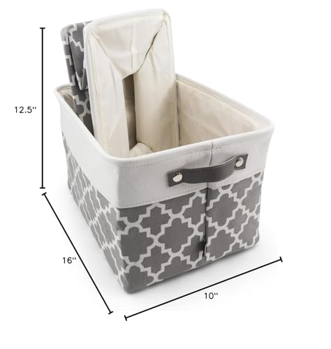 HYGGE + Linen Storage Bin Basket 15.8" x 12.5" x 10" Durable fabric & lightweight design. Great for storing toys, books, linens, games, clothing, baby products & more! (WHITE/QTF GREY, 2 PACK)