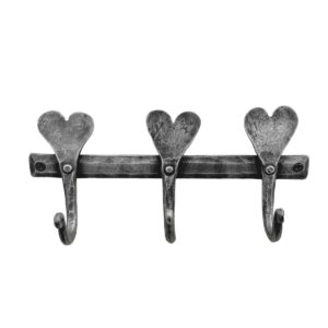 Living Ideas Hand Forged Heart Shape Metal Wall 3 Hooks (3 Pegs) Wrought Iron Handmade Rustic Coat Hook Blacksmith Wall Mounted Kitchen Towel Hooks Rack Black Antique Finish Heavy Duty Wall Hooks