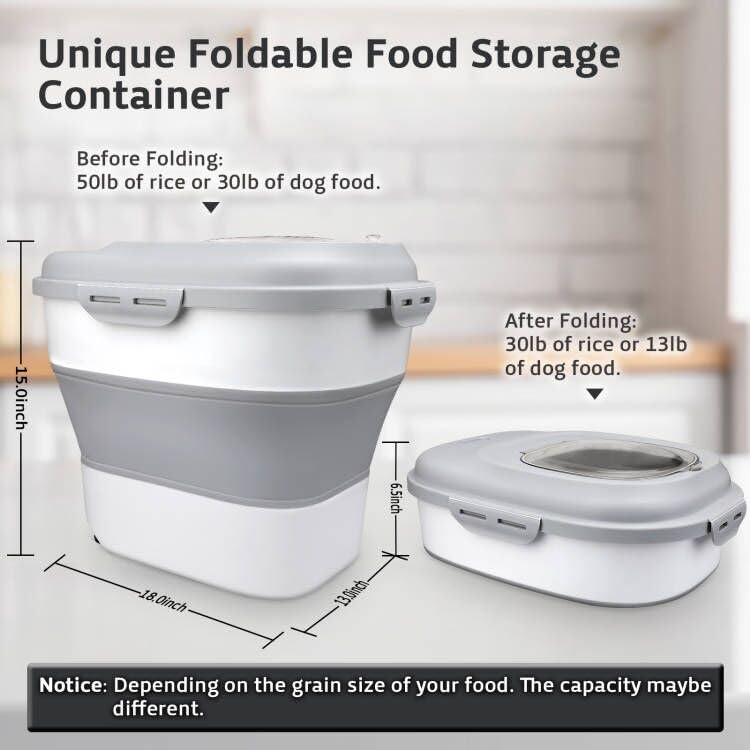 Komzon Rice Storage Bin Cereal Containers, 13-50lb Collapsible Rice Container Dispenser with Transparent Lid, Rolling Wheels, Measuring Cup and Scoop, Airtight Dog Cat Pet Food Storage Container White