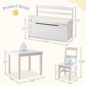 Curipper Rubberwood Kids Table and 2 Chairs Set - White & Rubberwood Kids Toy Box Chest - White