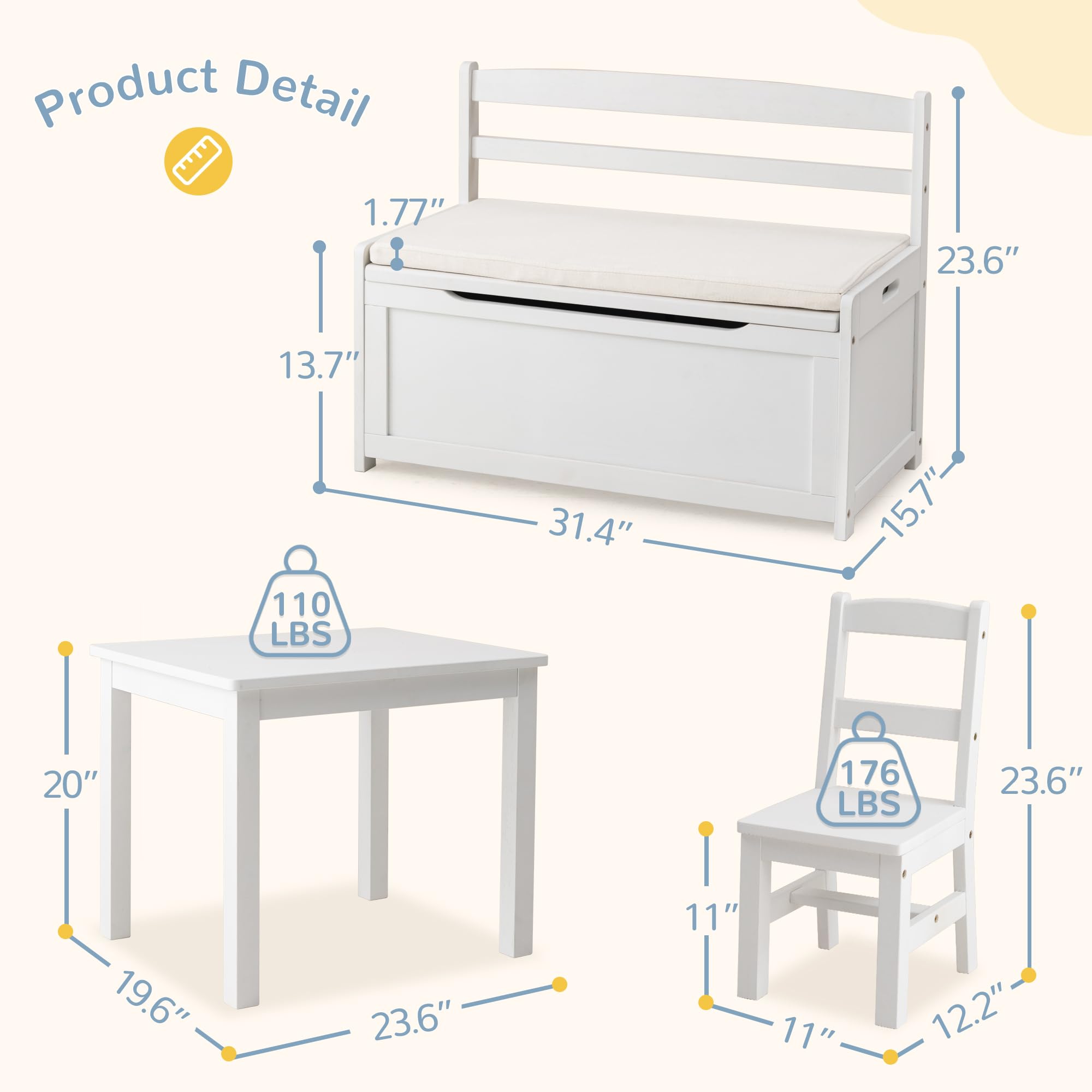 Curipper Rubberwood Kids Table and 2 Chairs Set - White & Rubberwood Kids Toy Box Chest - White