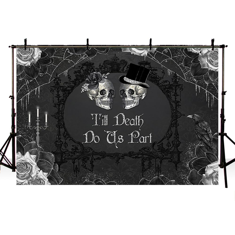 AIBIIN 7x5ft Halloween Till Death Do Us Part Backdrop Spooky Skull Gothic Wedding Party Decorations Supplies Bachelorette Bridal Shower Photography Background Banner Cake Table Photo Booth Props