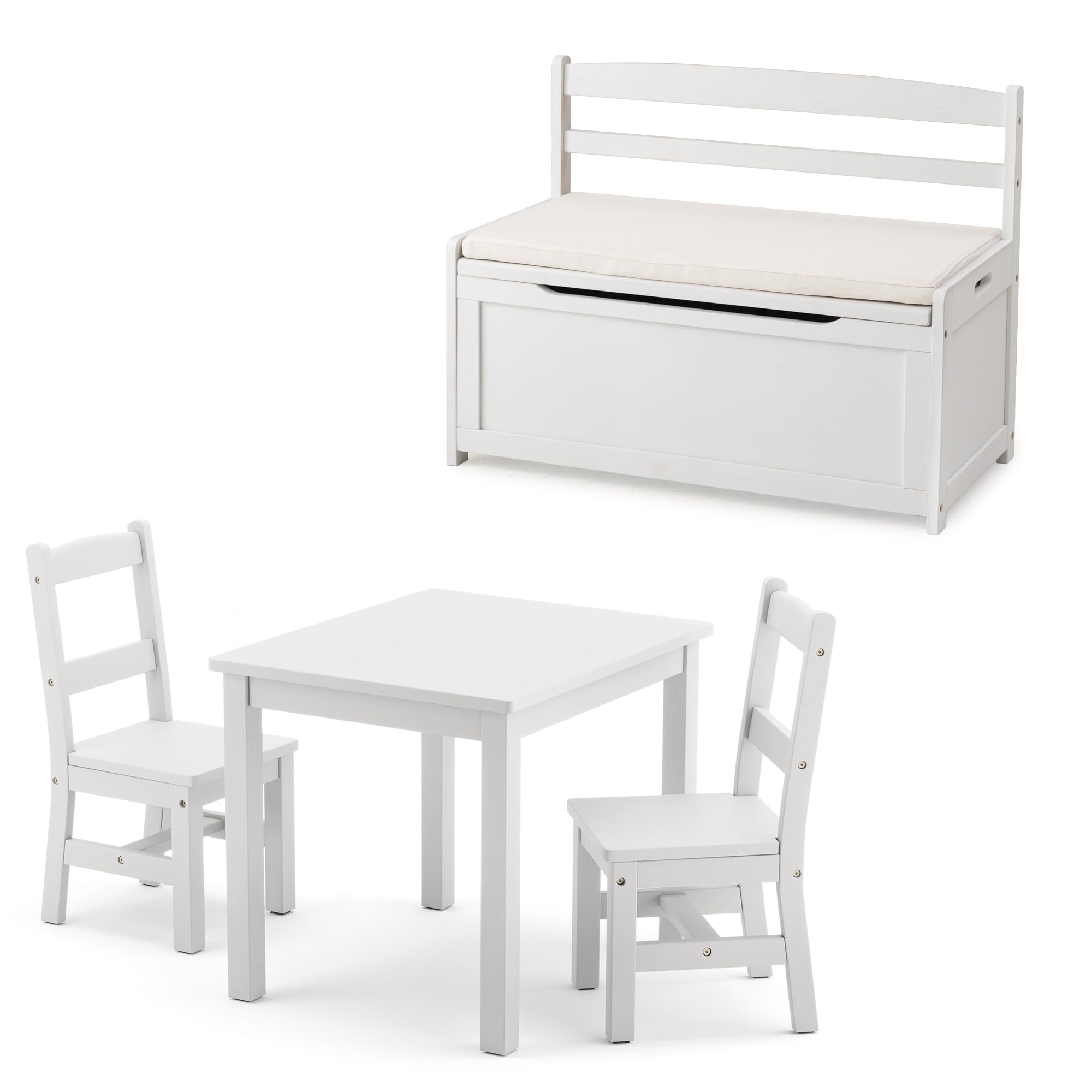 Curipper Rubberwood Kids Table and 2 Chairs Set - White & Rubberwood Kids Toy Box Chest - White