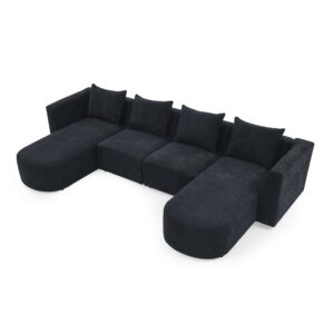 DEINPPA U Shape Modular Sectional Sofa, Minimalist Style Modular Couch, 4 Seat Cushion Couch with 4 Pillows for Living Room/Apartment, Bouclé Fabric, Black