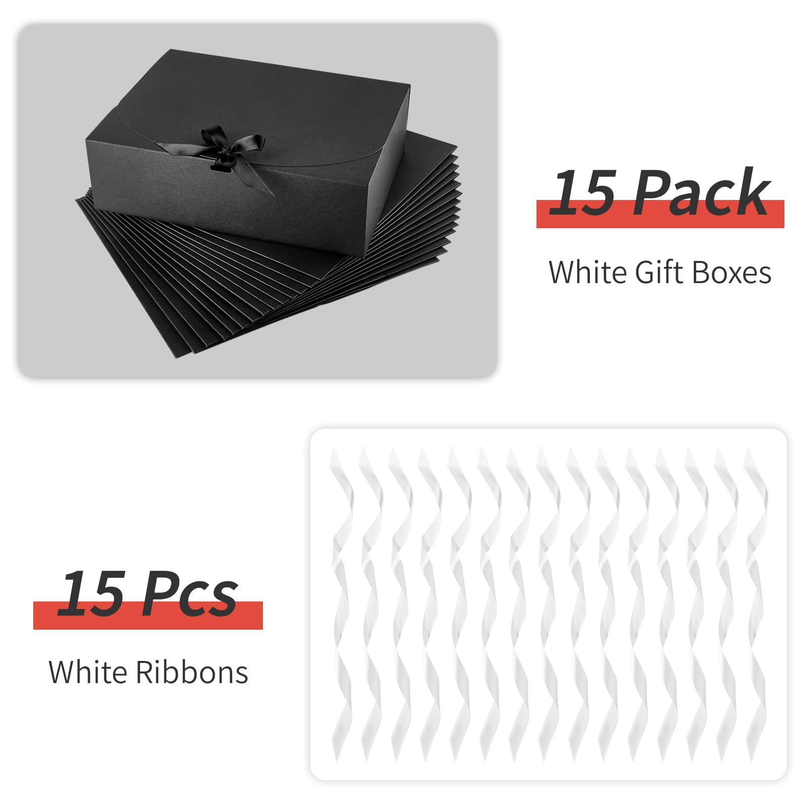 Kucoele 15 PCS Black Gift Boxes with Ribbons, Bridesmaid Proposal Boxes with Lids Present Packaging Boxes for Wedding, Birthday, Party and Bride Shower, 10.6 x 7.8 x 3.1 Inches