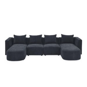 DEINPPA U Shape Modular Sectional Sofa, Minimalist Style Modular Couch, 4 Seat Cushion Couch with 4 Pillows for Living Room/Apartment, Bouclé Fabric, Black