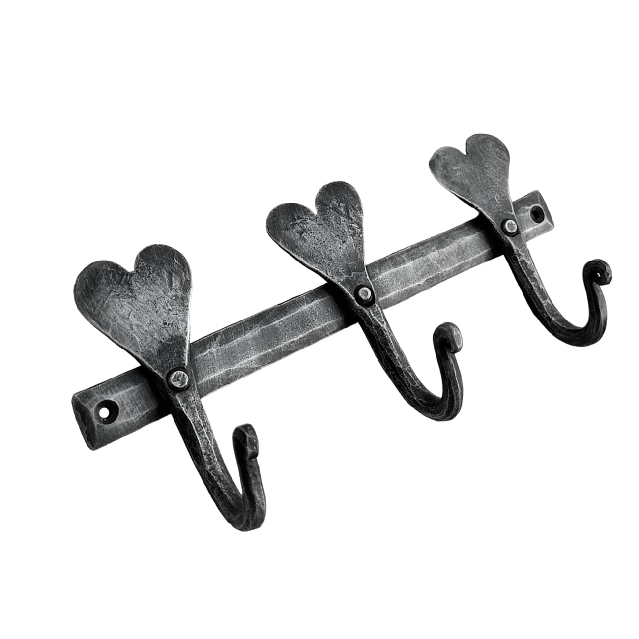 Living Ideas Hand Forged Heart Shape Metal Wall 3 Hooks (3 Pegs) Wrought Iron Handmade Rustic Coat Hook Blacksmith Wall Mounted Kitchen Towel Hooks Rack Black Antique Finish Heavy Duty Wall Hooks