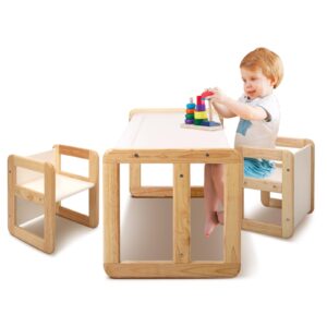 wingyz kids table and chair set, 3 in 1 wooden activity table for toddlers play study dining drawing arts crafts, multi-purpose montessori childrens table and chair set gifts for boys and girls