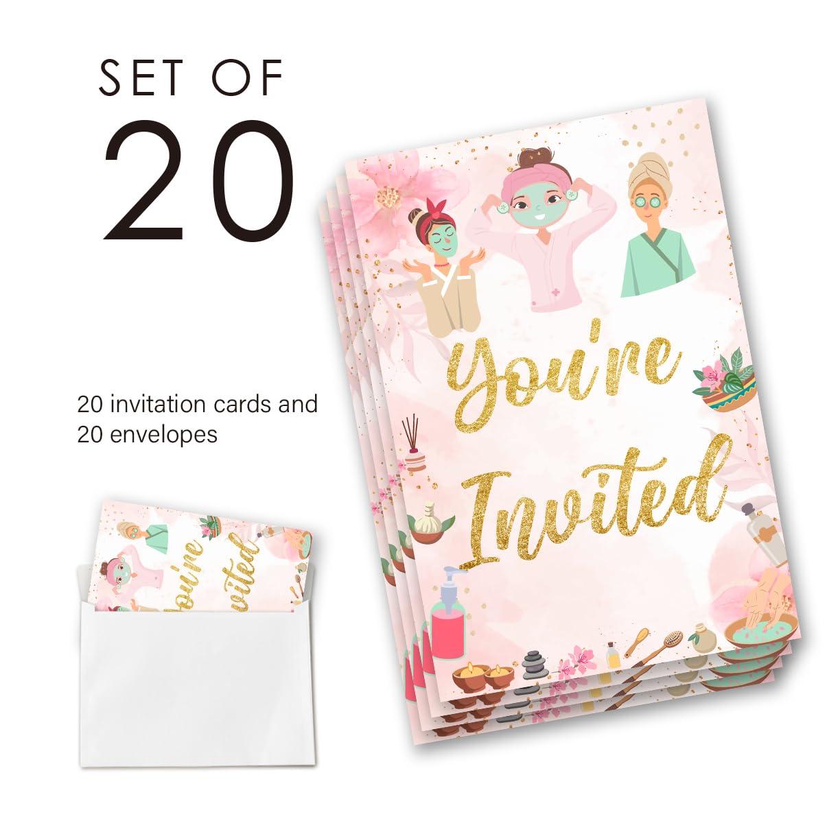 Pink Spa Birthday Party Invitations Supplies Fill-In Set of 20 with Envelopes Spa Birthday Bash Invites Cards(Double Sided)