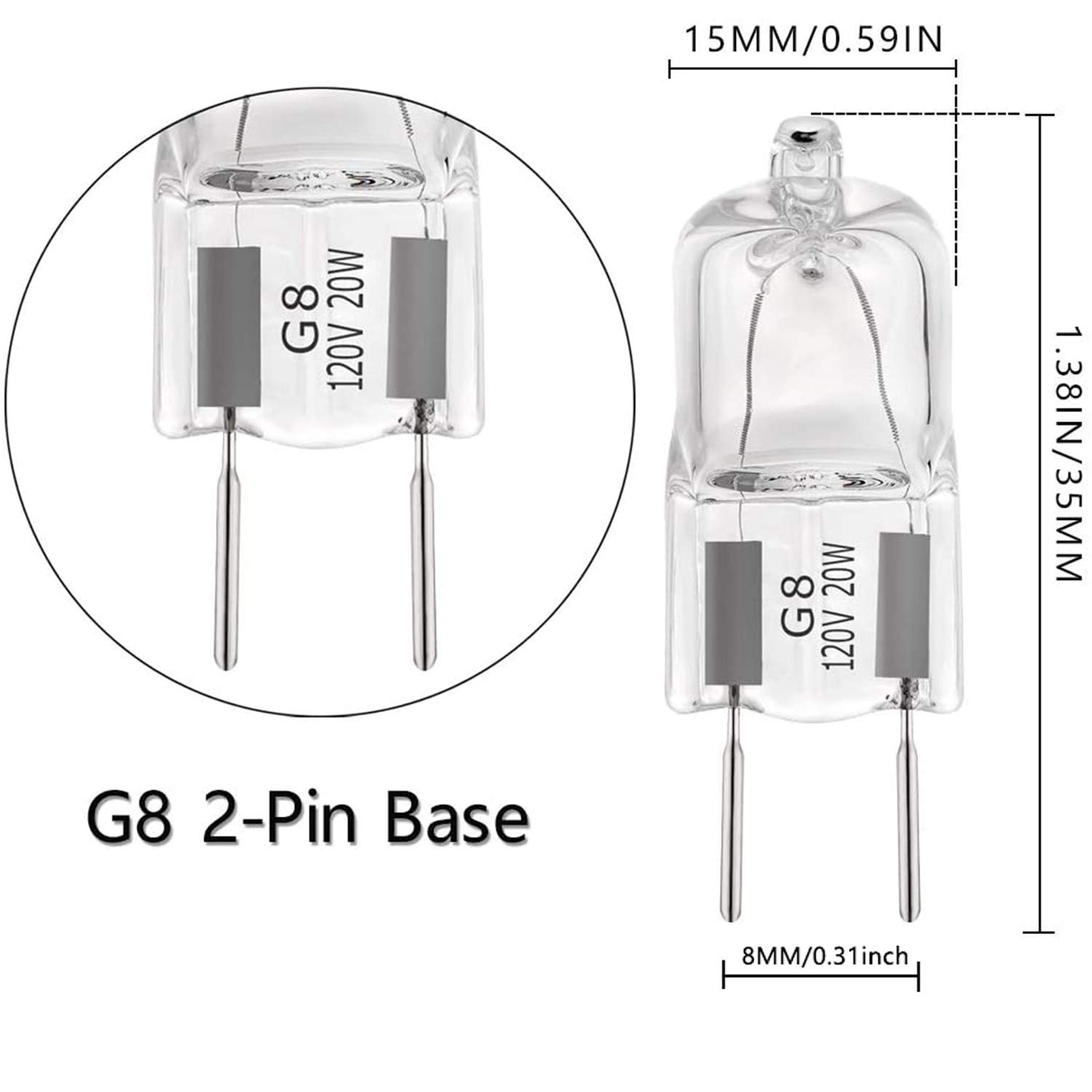 EKSAVE G8 Halogen Light Bulbs 20W 120V Xenon Under Cabinet Lighting Replacements G8 Base 2Pin T4 JCD Type 2700K (Pack of 6)