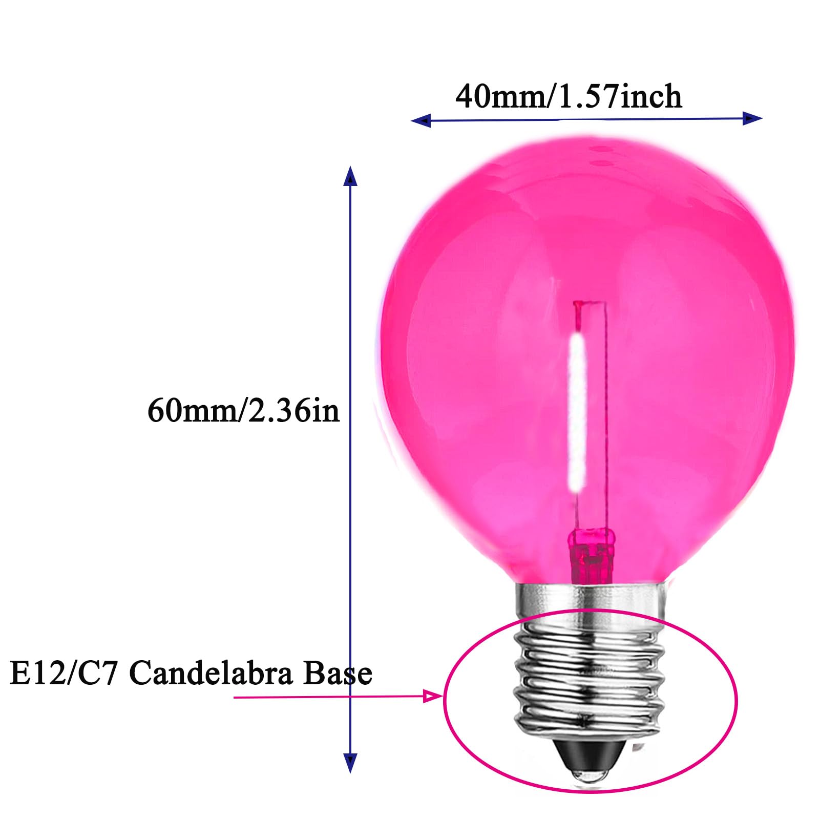 G40 Pink LED Replacement Light Bulbs 1W LED Filament Bulb Shatterproof Waterproof LED Outdoor String Lights Pink Decorative Globe Night Light E12/C7 Candelabra Base for Patio Garden Yard,15 Pack(Pink)