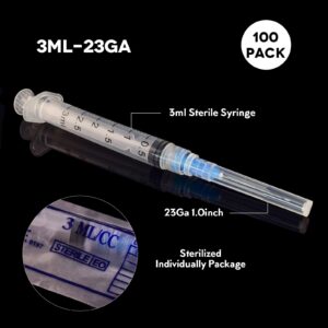 3ml/cc with 23 Gauge 1 Inch Lab Disposable Luer Lock Glue Applicator for Liquids Refilling, Dispensing Supplies, Pack of 100