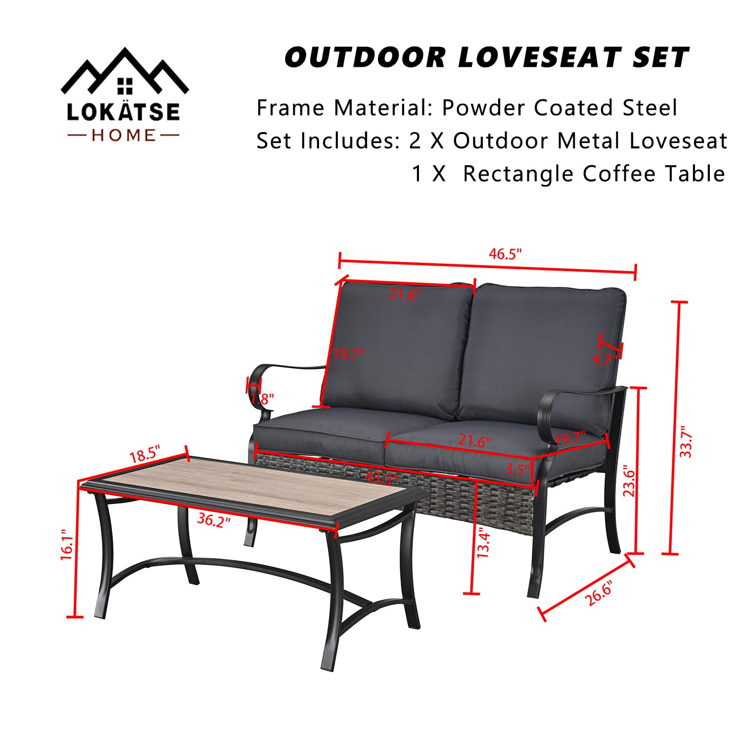 LOKATSE HOME Outdoor Loveseat Set of 2 Patio Furniture Couch with Rectangle Coffee Table, Black&Gray