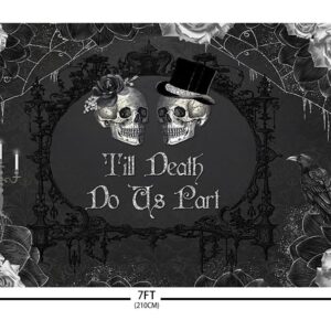 AIBIIN 7x5ft Halloween Till Death Do Us Part Backdrop Spooky Skull Gothic Wedding Party Decorations Supplies Bachelorette Bridal Shower Photography Background Banner Cake Table Photo Booth Props