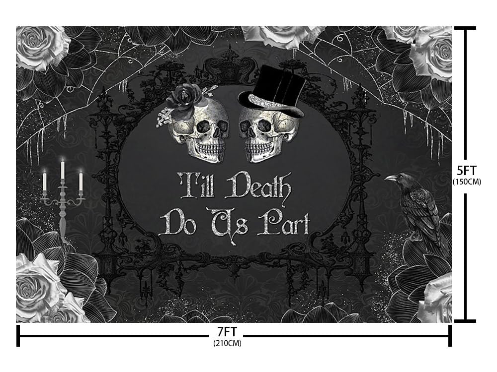 AIBIIN 7x5ft Halloween Till Death Do Us Part Backdrop Spooky Skull Gothic Wedding Party Decorations Supplies Bachelorette Bridal Shower Photography Background Banner Cake Table Photo Booth Props