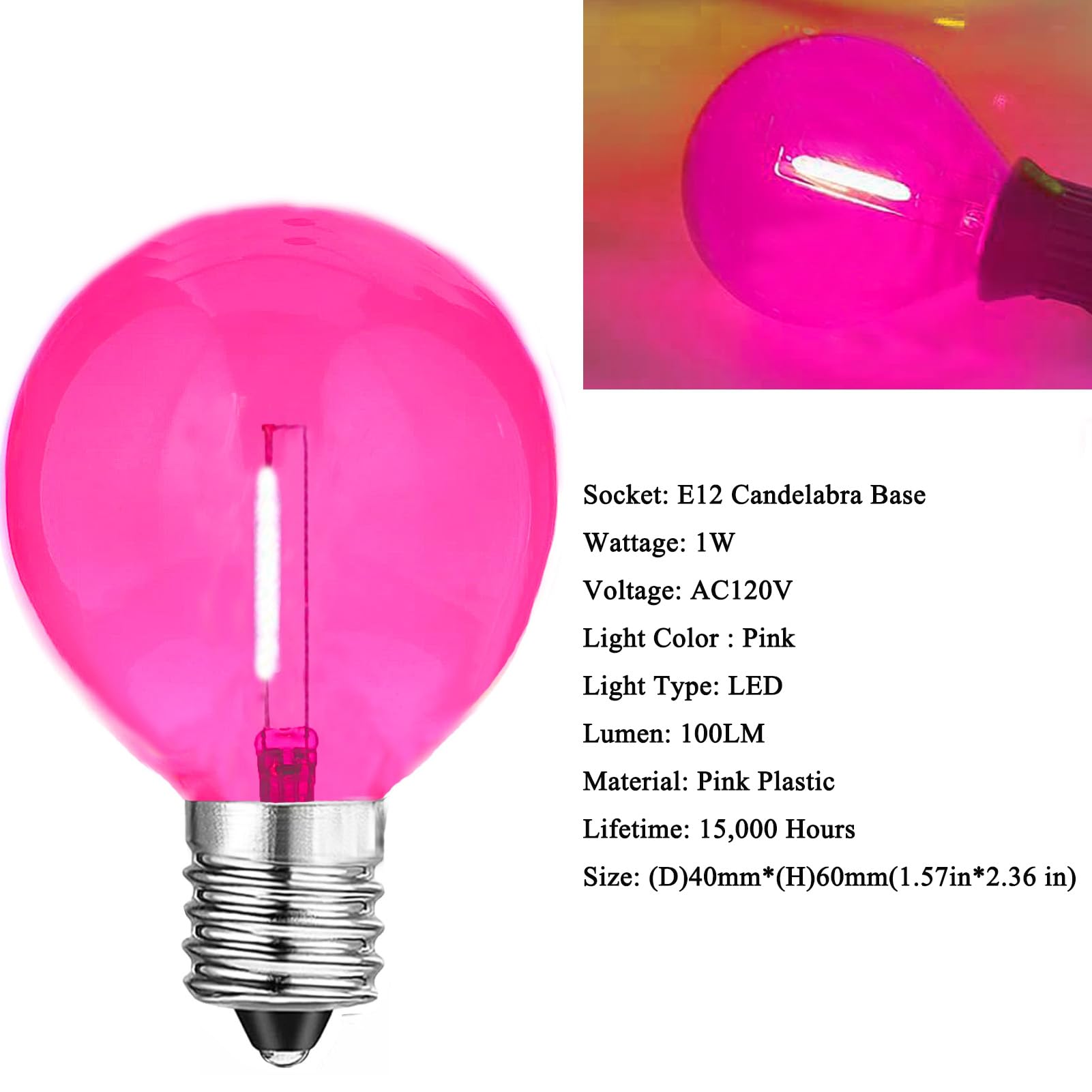 G40 Pink LED Replacement Light Bulbs 1W LED Filament Bulb Shatterproof Waterproof LED Outdoor String Lights Pink Decorative Globe Night Light E12/C7 Candelabra Base for Patio Garden Yard,15 Pack(Pink)