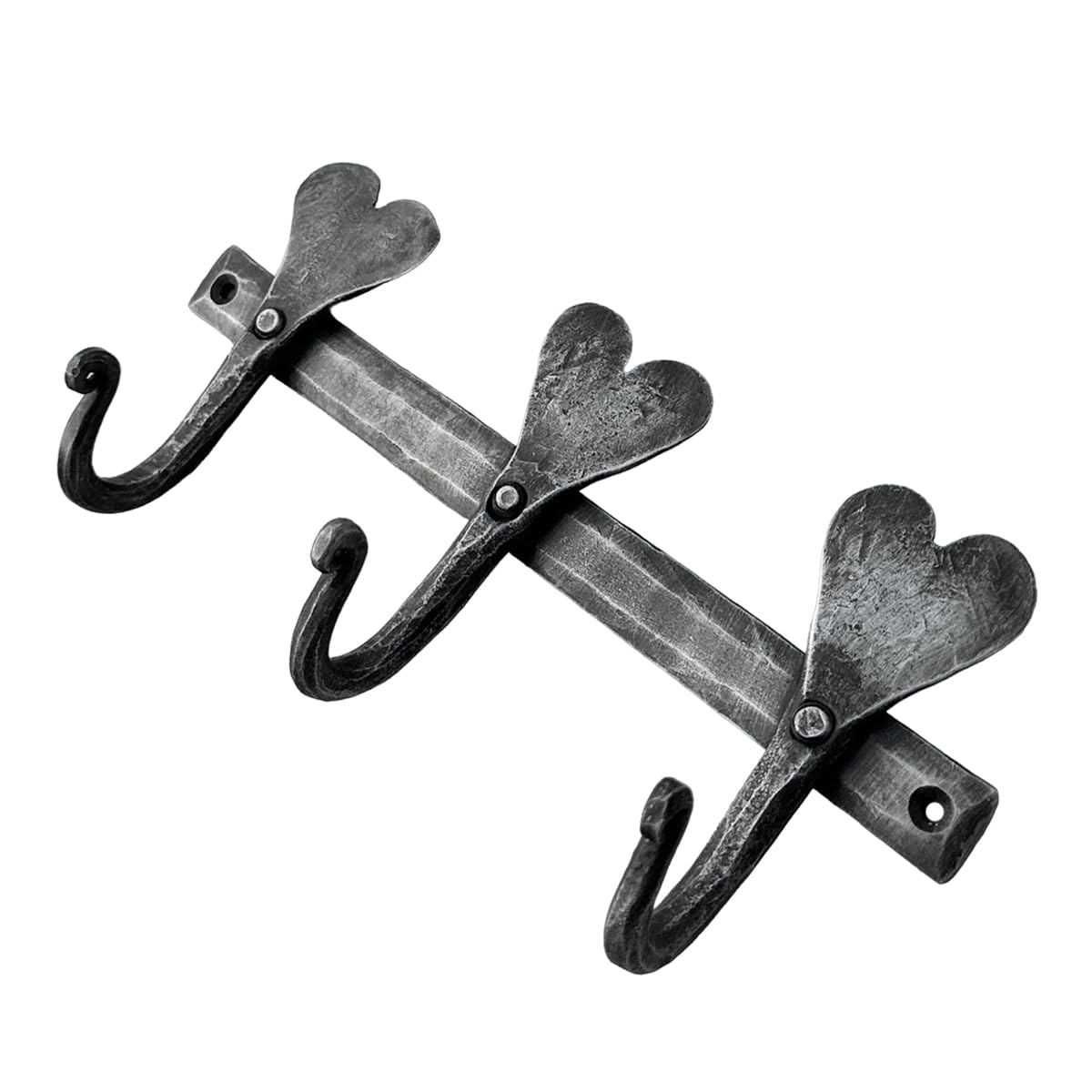 Living Ideas Hand Forged Heart Shape Metal Wall 3 Hooks (3 Pegs) Wrought Iron Handmade Rustic Coat Hook Blacksmith Wall Mounted Kitchen Towel Hooks Rack Black Antique Finish Heavy Duty Wall Hooks