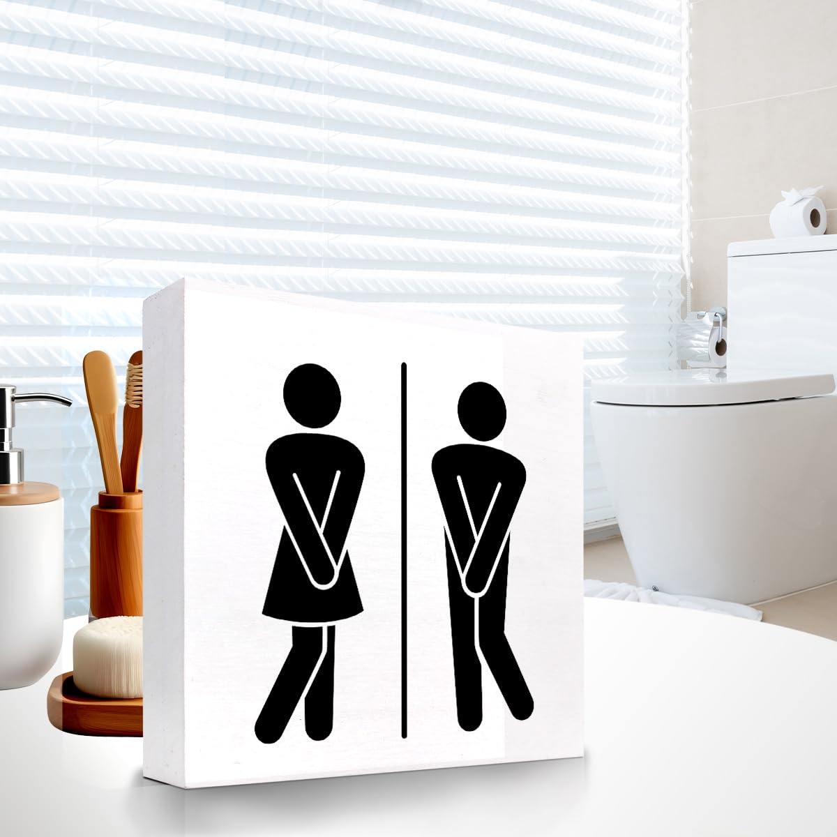 Wc Toilet Funny Male Female Sign Wood Block Sign Desk Decor,Rustic Wooden Box Plaque Sign Desk Decor for Home Office Toilet Bathroom Restroom Shelf Table Decorations