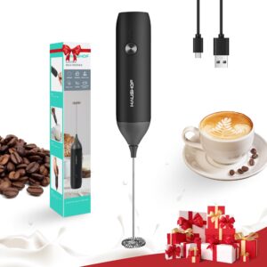 haushof powerful rechargeable milk frother, handheld usb type-c electric foam maker for coffee latte, cappuccino, mocha, macchiato, frappe and protein powder, detachable stainless steel whisk, black