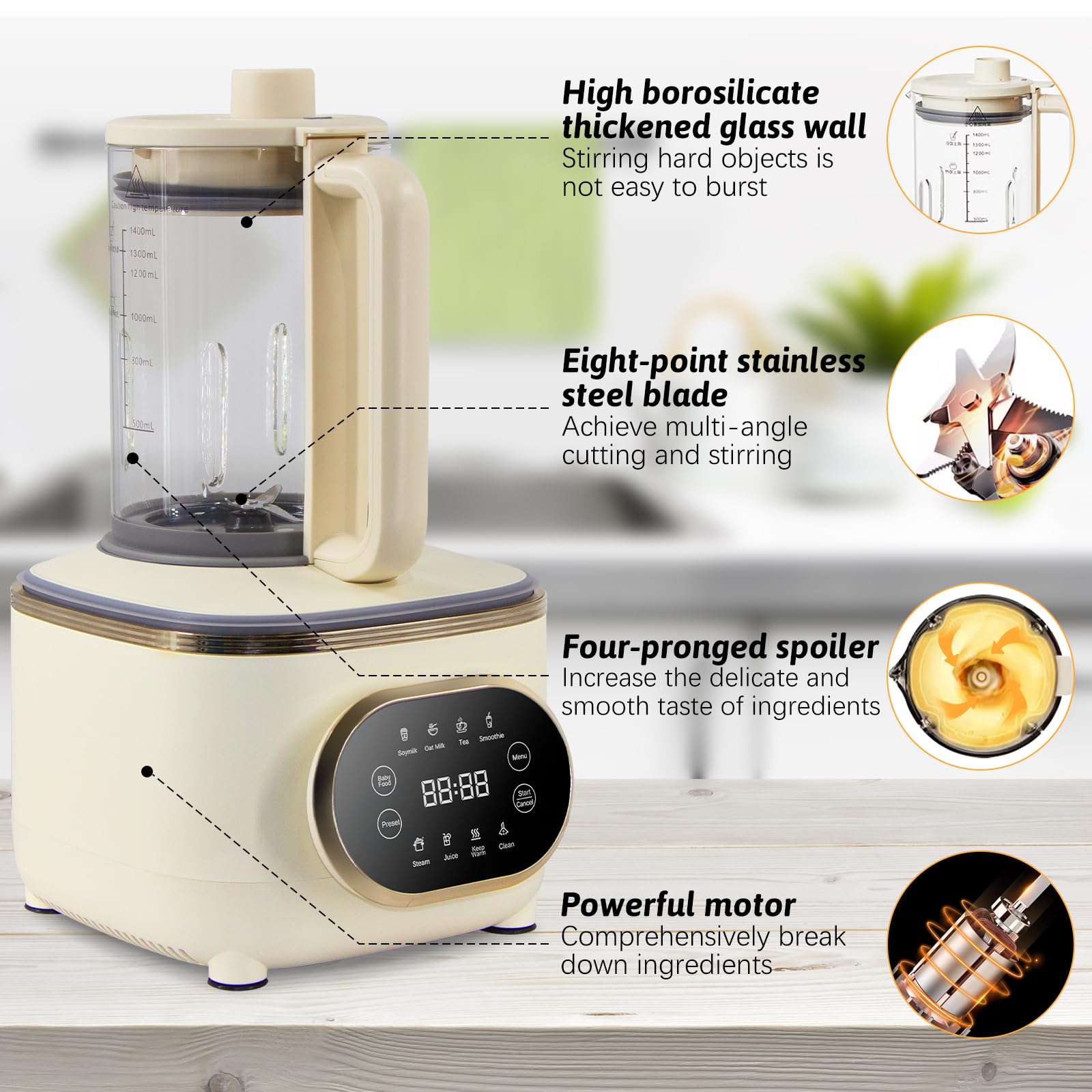 RUN.SE 8-In-1 Soymilk Maker with Low noise Soundproof Cover 50oz./1.5L Fully Automatic for Heat Soy Milk Oat Milk Soup Tea Smoothie Baby Food Self-Cleaning with Delay Start