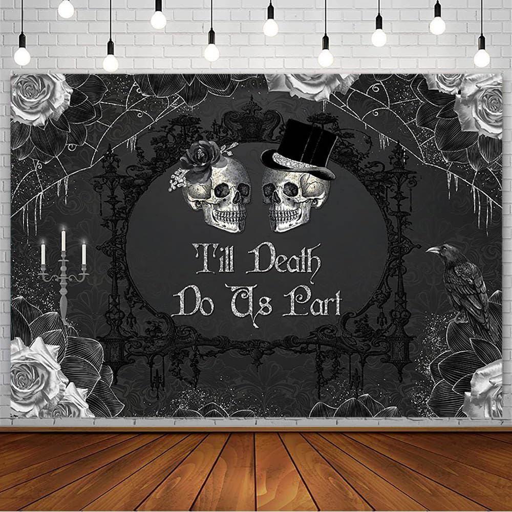 AIBIIN 7x5ft Halloween Till Death Do Us Part Backdrop Spooky Skull Gothic Wedding Party Decorations Supplies Bachelorette Bridal Shower Photography Background Banner Cake Table Photo Booth Props