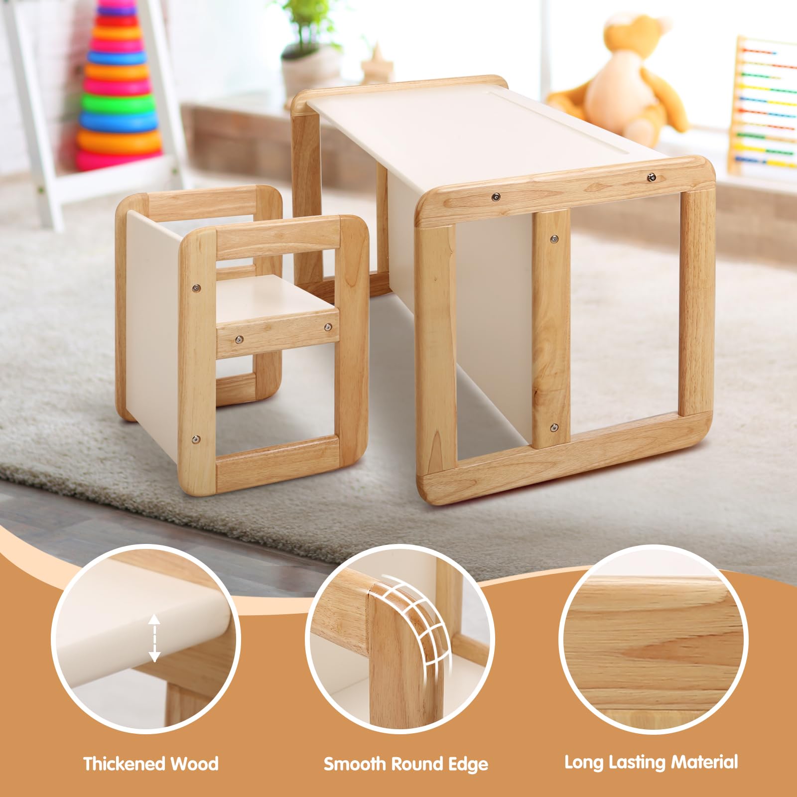 wingyz Kids Table and Chair Set, 3 in 1 Wooden Activity Table for Toddlers Play Study Dining Drawing Arts Crafts, Multi-Purpose Montessori Childrens Table and Chair Set Gifts for Boys and Girls