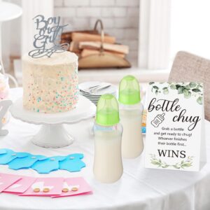 TrelaCo Cool Baby Shower Games 12 Pcs Baby Bottles and Bottle Chug Sign Greenery Baby Gift Sets Gender Reveal Party Favors Shower Favor for Baby Shower Games Gender Reveal