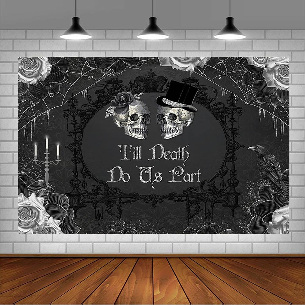 AIBIIN 7x5ft Halloween Till Death Do Us Part Backdrop Spooky Skull Gothic Wedding Party Decorations Supplies Bachelorette Bridal Shower Photography Background Banner Cake Table Photo Booth Props