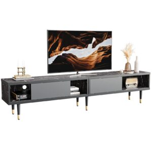 bestier mid century modern tv stand for 85 inch tv, entertainment center with storage and sliding doors, 2 in 1 long tv cabinet for living room, black marble