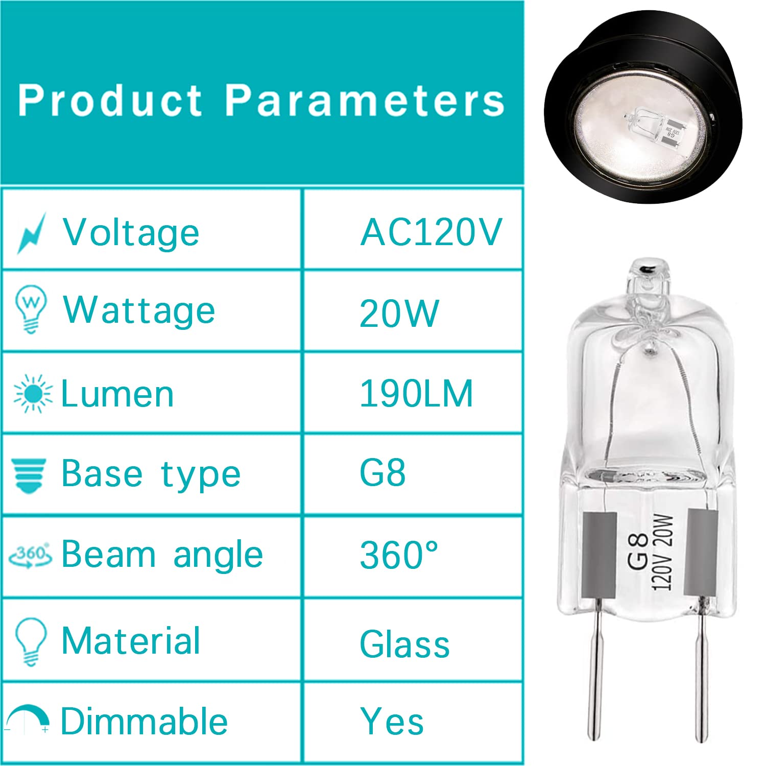 EKSAVE G8 Halogen Light Bulbs 20W 120V Xenon Under Cabinet Lighting Replacements G8 Base 2Pin T4 JCD Type 2700K (Pack of 6)