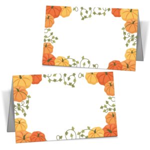 25 pack place cards, editable name cards for table seating, thanksgiving pumpkins, fall autumn party tent style cards for baby shower, birthday party, party decoration and supplies-le01