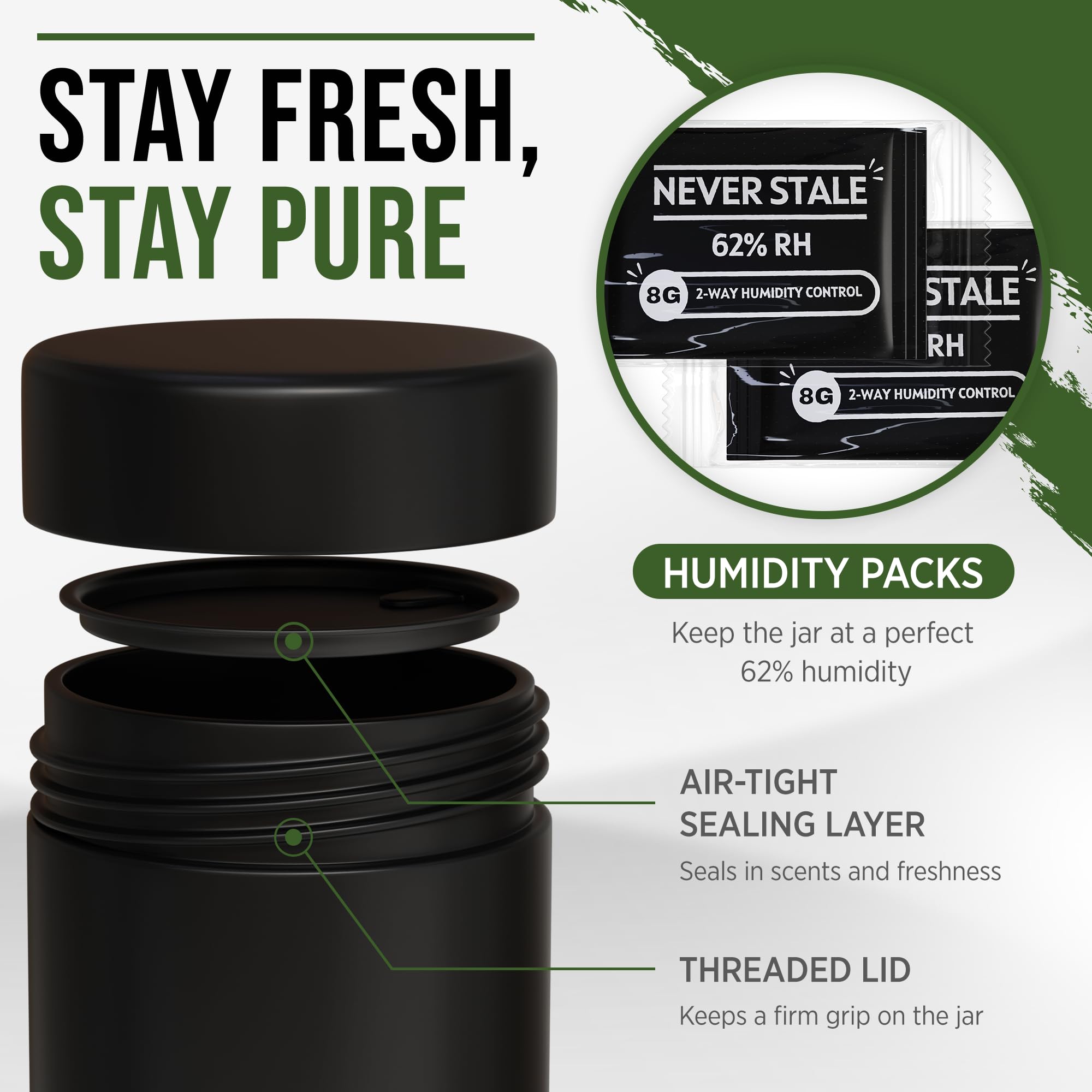 Storage Jar - 1oz Air Tight Jar Sealed Container with 2 Humidity Pack, Microfibre Cloth & Stickers - Matte Finish UV Resistant Jar - Air Tight Storage Containers with Lids for your goodies and more