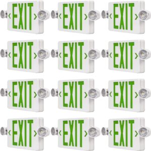 green led exit sign emergency lights with 2 adjustable head lights, green letter emergency exit lighting with battery backup, us standard double sided abs fire resistant ul 924 ac 120/277v (12-pack)