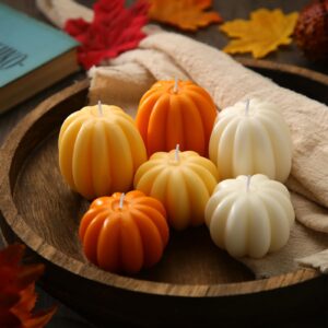 mtlee 6 pieces fall pumpkin shaped candles thanksgiving scented candles pumpkin tealight candles home decor pumpkin candle handmade wax candle for bedroom bathroom party (orange, white, pumpkin)