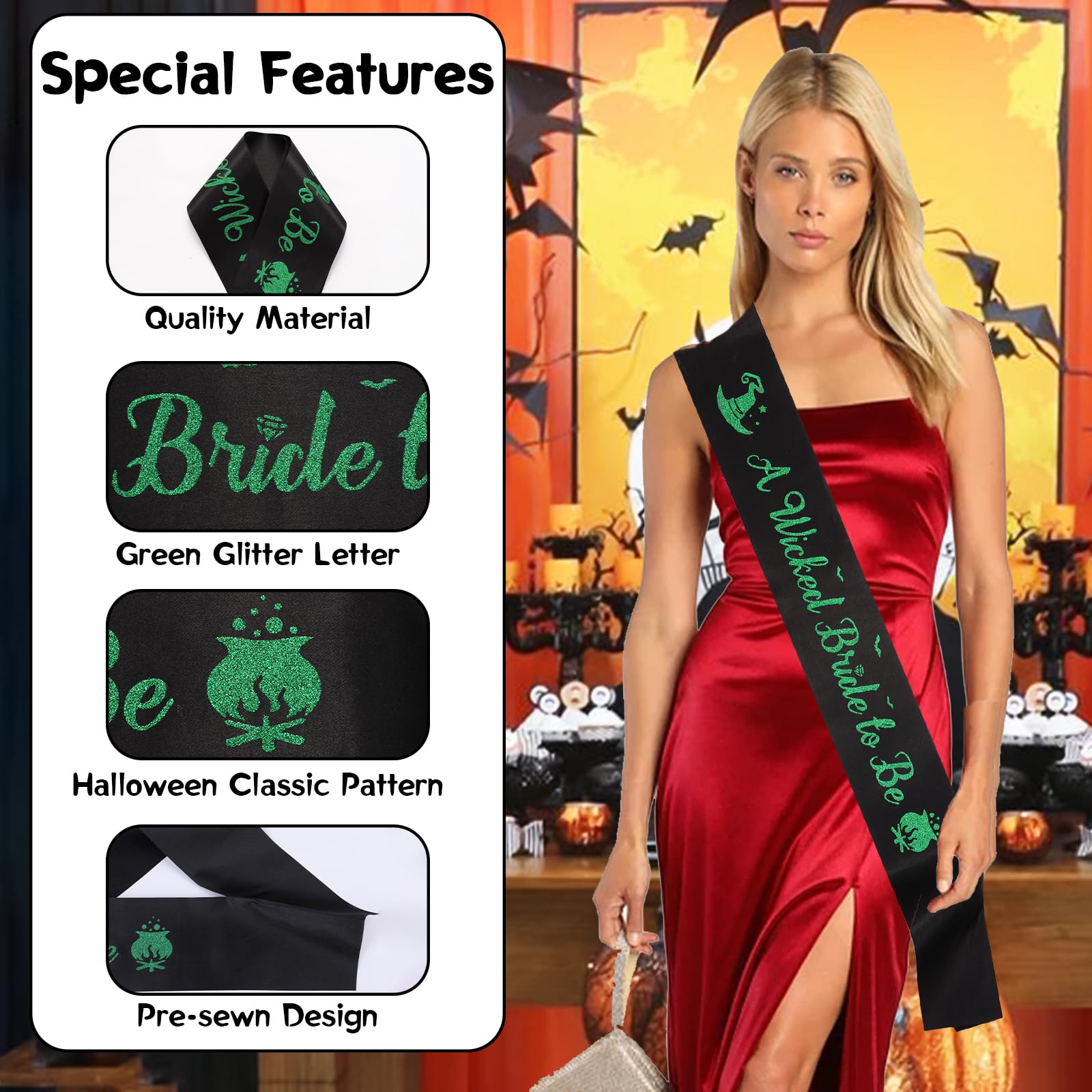 Bride to be Sash, Bachelorette Party Decorations Include 1pcs a Wicked Bride to be Sash, Black Sash with Green Glitter Letters for Witch Theme Bridal Shower Gifts Wedding Engagement Party Supplies