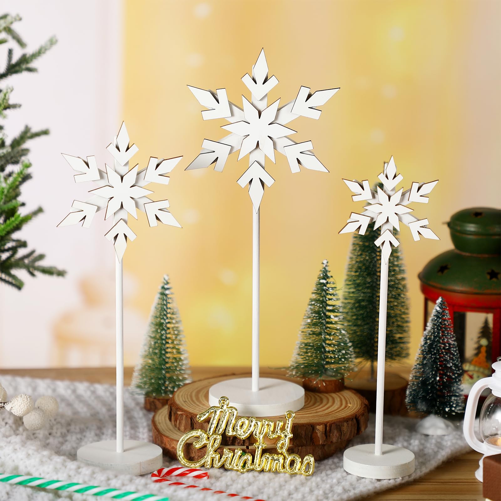 Soaoo 3 Pcs Christmas Snowflake Decorations Wooden Snowflakes Tabletop Decor White Winter Snowflake Table Sign Xmas Tall Standing Wood Block Snowflake Centerpieces for Tables Shelf Mantel Indoor Decor