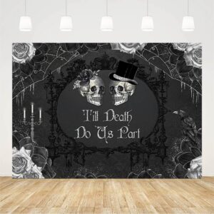 AIBIIN 7x5ft Halloween Till Death Do Us Part Backdrop Spooky Skull Gothic Wedding Party Decorations Supplies Bachelorette Bridal Shower Photography Background Banner Cake Table Photo Booth Props