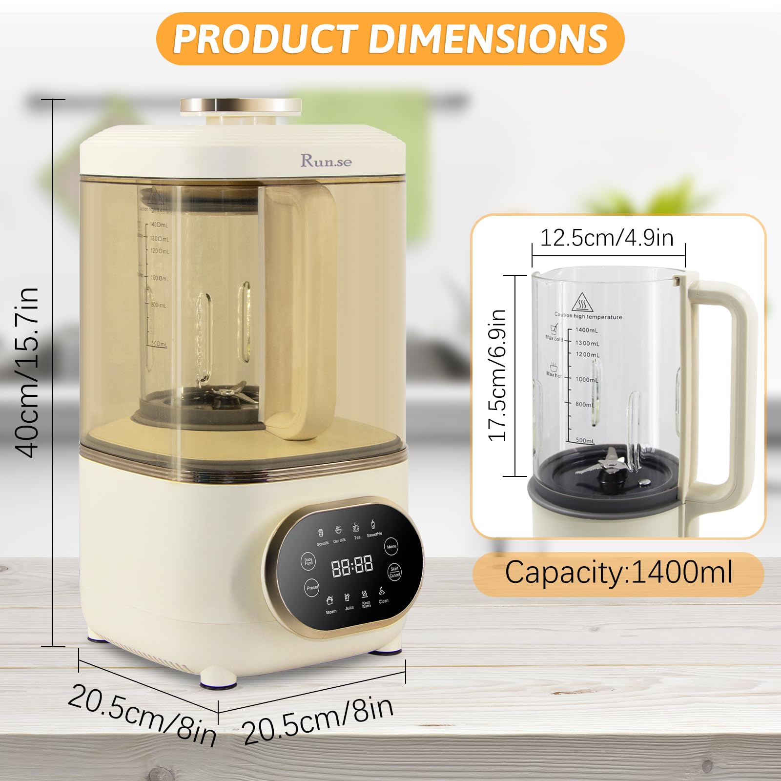 RUN.SE 8-In-1 Soymilk Maker with Low noise Soundproof Cover 50oz./1.5L Fully Automatic for Heat Soy Milk Oat Milk Soup Tea Smoothie Baby Food Self-Cleaning with Delay Start