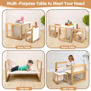 wingyz Kids Table and Chair Set, 3 in 1 Wooden Activity Table for Toddlers Play Study Dining Drawing Arts Crafts, Multi-Purpose Montessori Childrens Table and Chair Set Gifts for Boys and Girls