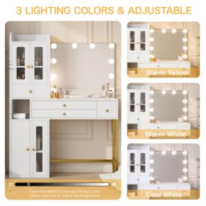 Vabches White Makeup Vanity Desk with Mirror and Lights, 3-Color Adjustable Light Vanity Table Set, Large Modern Makeup Table with Drawers, Vanity and Storage Cabinet 2-in-1 Design, Vanity Organizer